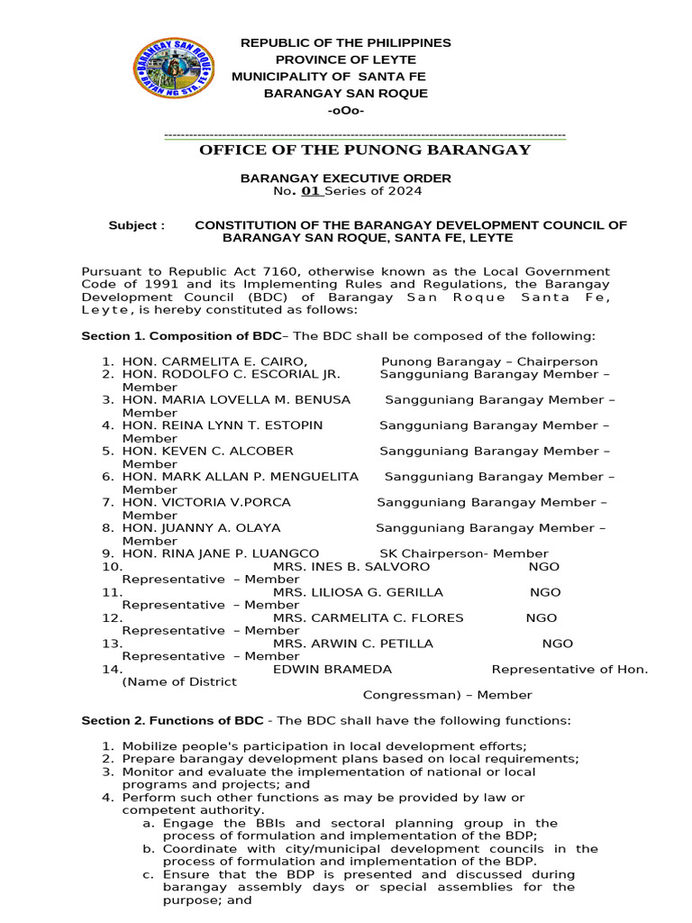Barangay San Roque BDC and Badac Executive Order | PDF