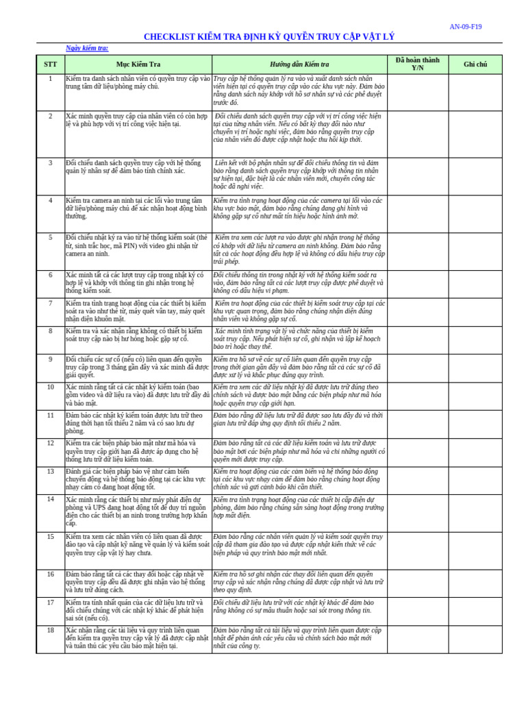 3. CHECKLIST KIỂM TRA ĐỊNH KỲ QUYỀN TRUY CẬP VẬT LÝ | PDF