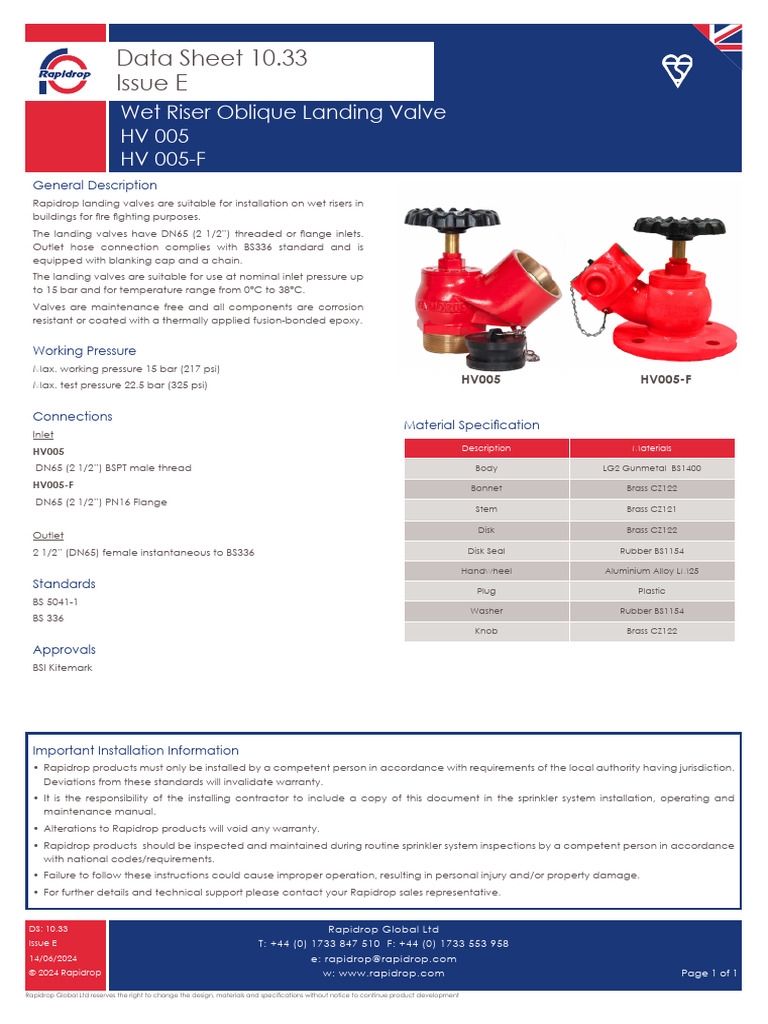 1033 e hv005 hv005 F Dry Riser Oblique Landing Valve Bsi | PDF | Valve ...
