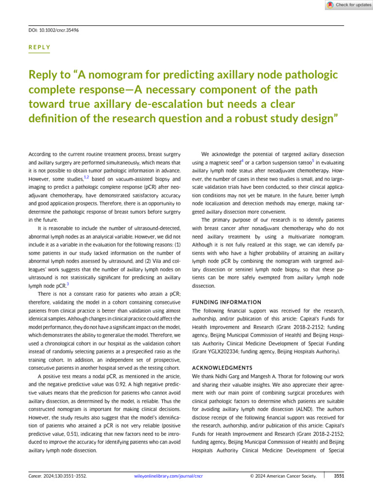 Cancer - 2024 - Zheng - Reply To A Nomogram For Predicting Axillary Node Pathologic Complete ...