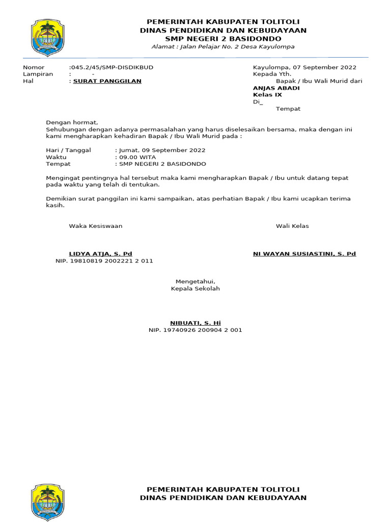 Surat Panggilan Wali Murid Siswa Bermasalah | PDF