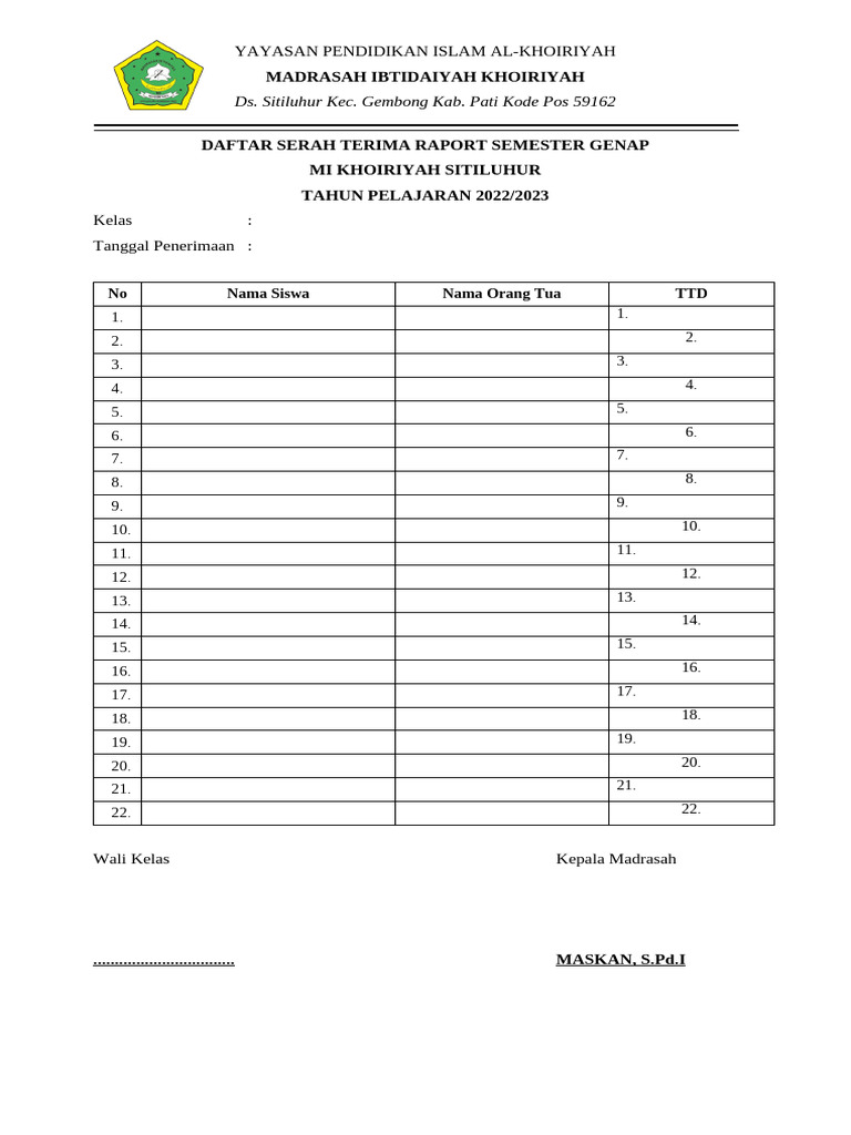 Daftar Serah Terima Raport Kelas 2 | PDF