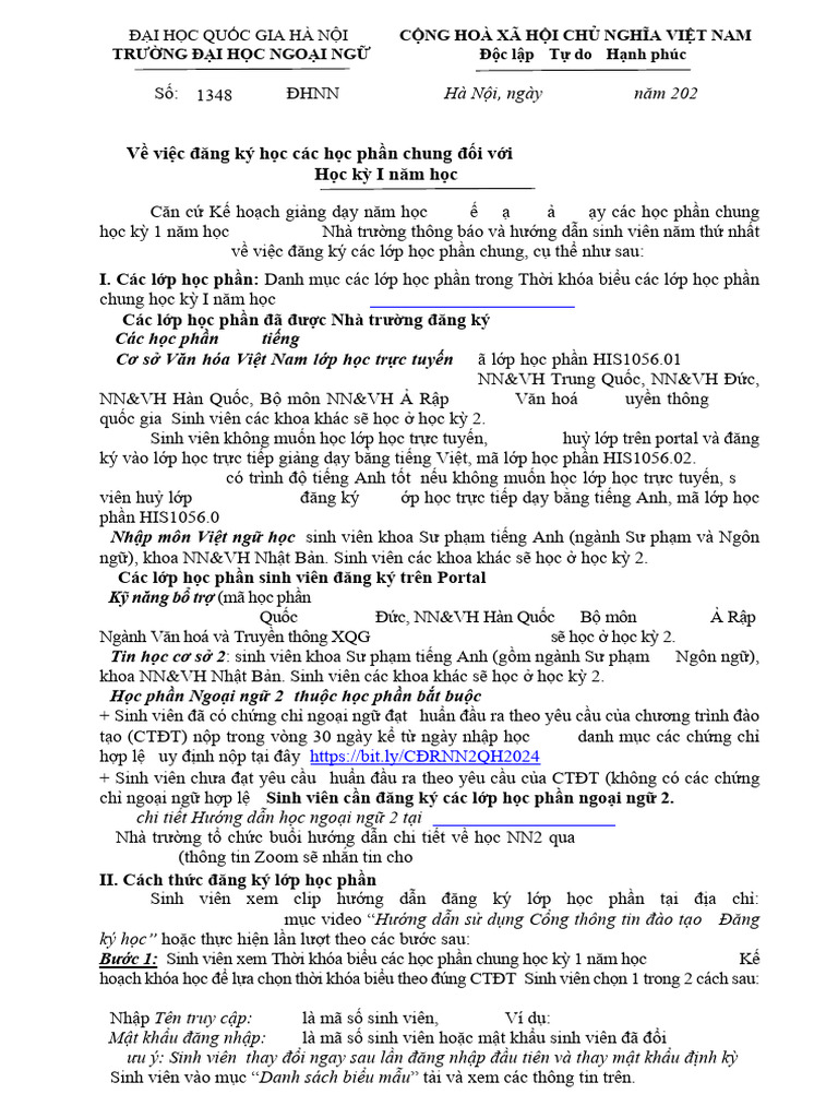 TB 1348 12.8.2024 - TB Đăng Ký Các L P HP Chung - HK1 - 2425 QH2024 Final | PDF