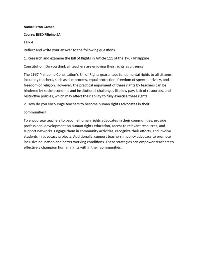 Task 4: Name: Erron Gamao Course: BSED Filipino 2A | PDF