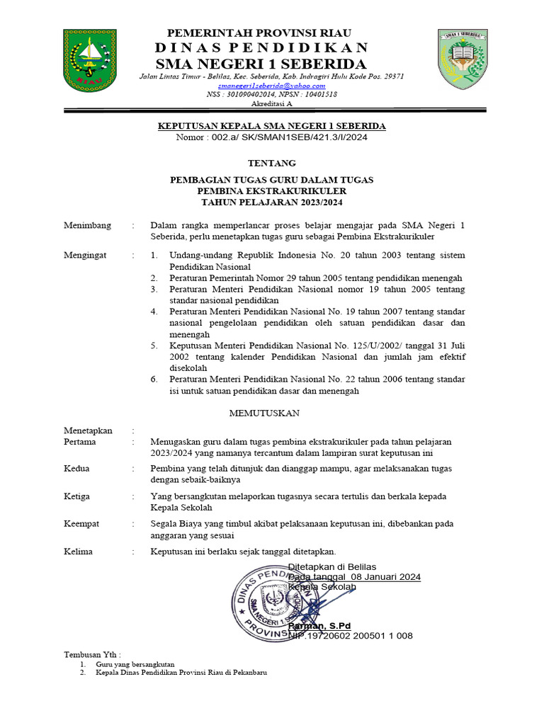 SK Ekstrakurikuler 20232024 | PDF