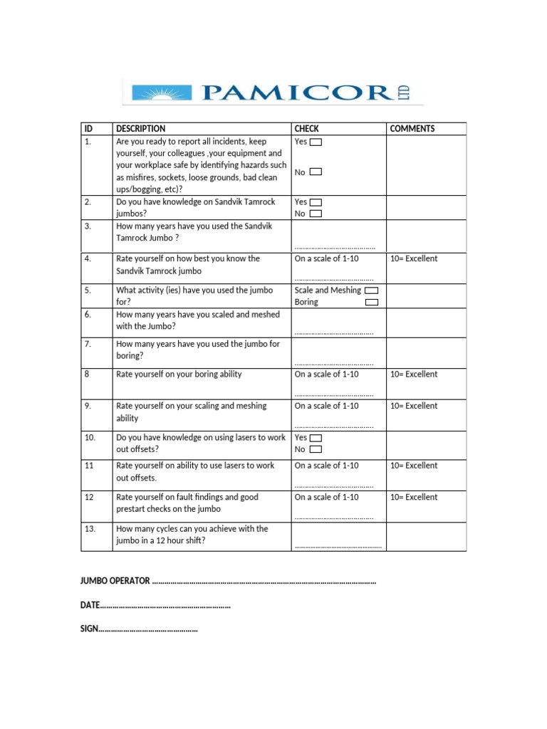 Pamicor Jumbo Operator Proficiency Form | PDF