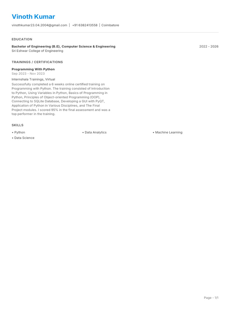 VinothKumar InternshalaResume | PDF | Technology & Engineering