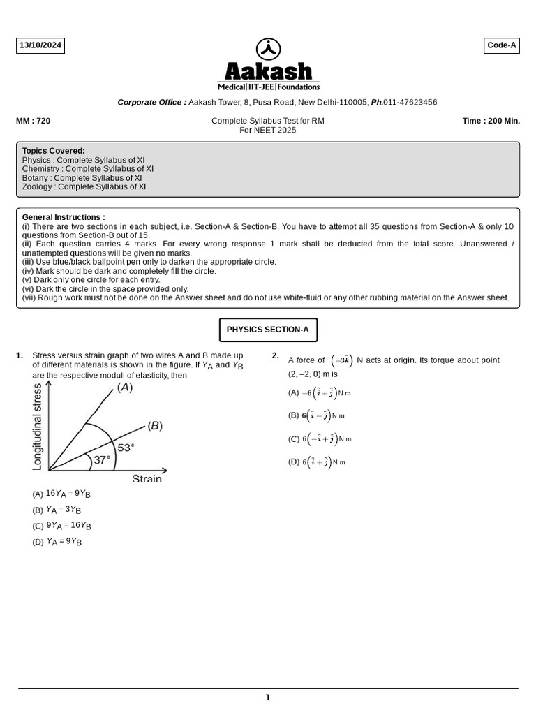 Complete Syllabus Test For RM - 1310.24 - Que | PDF | Velocity | Force