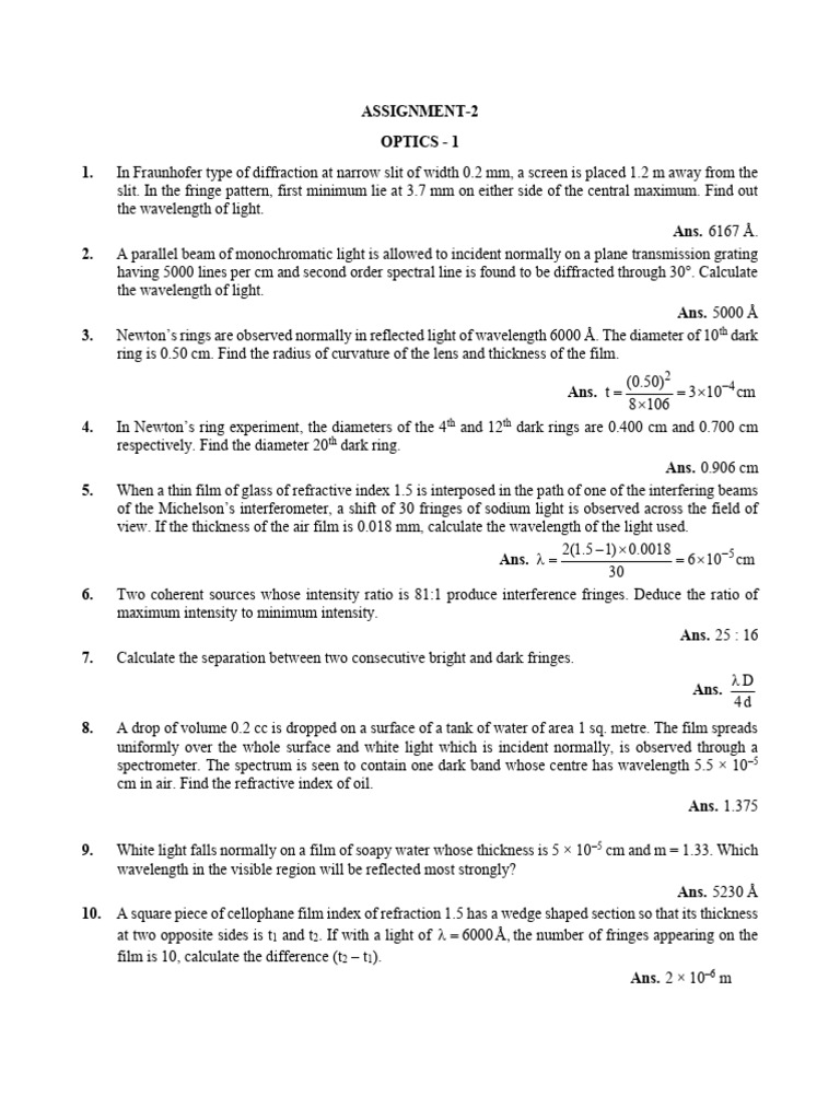 78a92da1assignment 2 (Optics 1) 2 | PDF | Diffraction | Wavelength