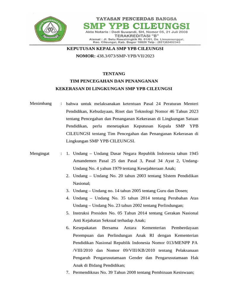 Tim Pencegahan Kekerasan SMP YPB Cileungsi | PDF