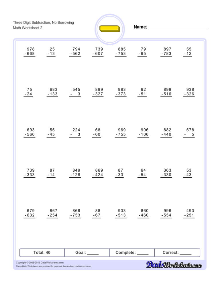 Three Digit Subtraction No Borrowing v2 | PDF