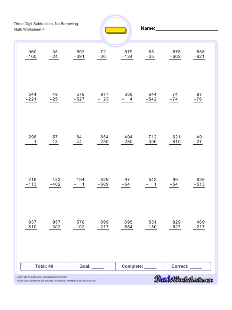 Three Digit Subtraction No Borrowing v4 | PDF