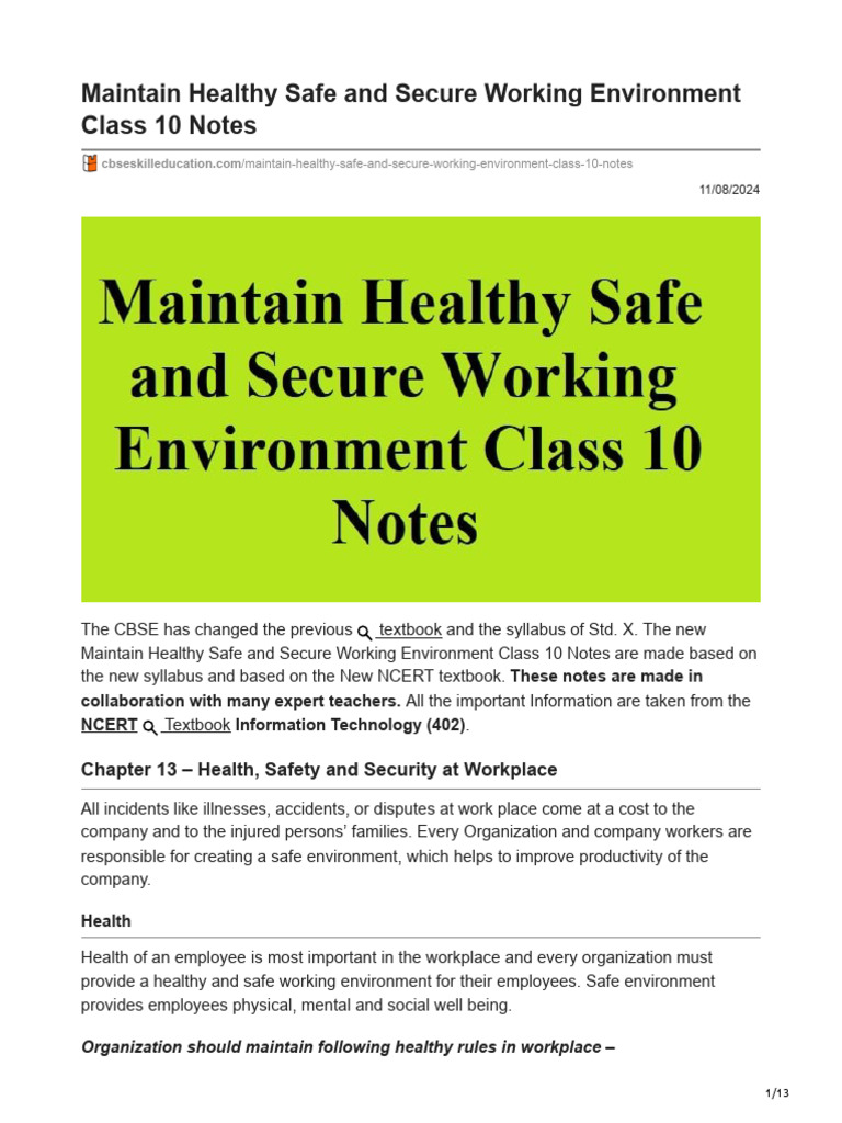 Class 10 Notes on Workplace Safety | PDF | Occupational Safety And ...