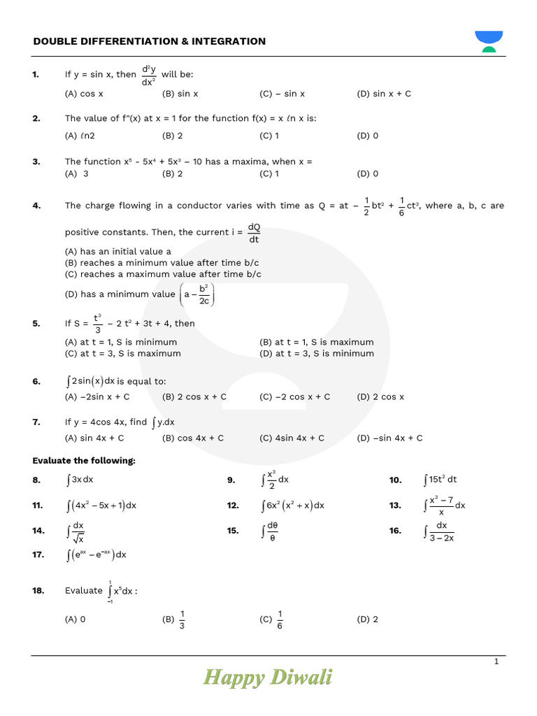 Double Differentiation & Integration Quiz | PDF | Mathematical Analysis ...