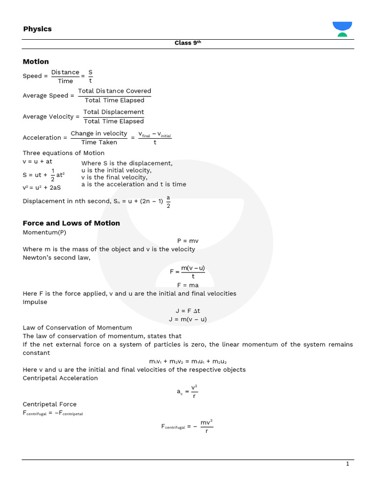 Class 9 Physics Formula Sheet | PDF | Electrical Resistance And ...