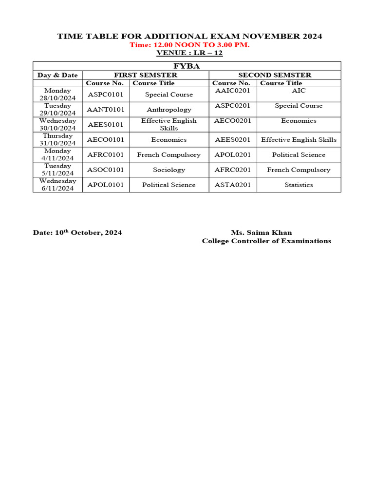 Time Table For Additional Exam - Nov 2024 (UG) | PDF | Academic Term ...