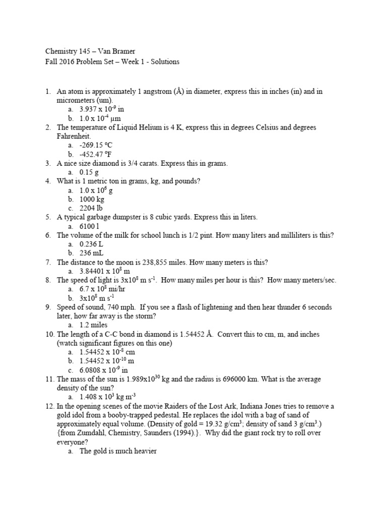 Chemistry 145 Problem Set Week 1 Solutions | PDF