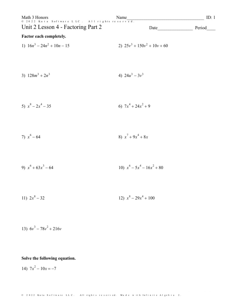 4.2 - Unit 2 Lesson 4 Homework - Factoring Part 2 | PDF