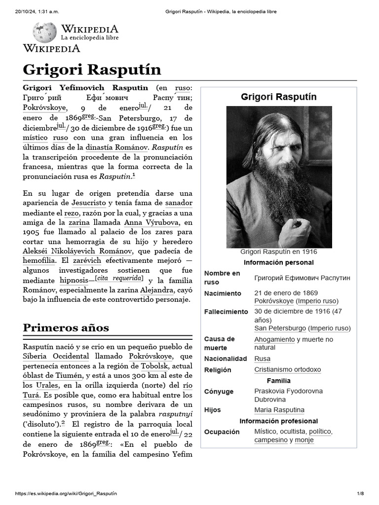 Grigori Rasputín - Wikipedia, La Enciclopedia Libre | PDF | Grigori ...