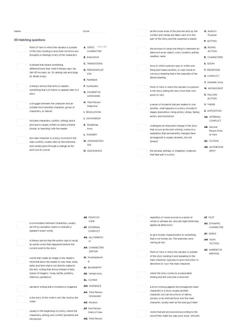 50 LITERARY TERMINOLOGY Quiz | PDF | Narration | Irony