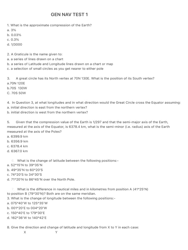 GEN NAV TEST 1 | PDF | Latitude | Equator