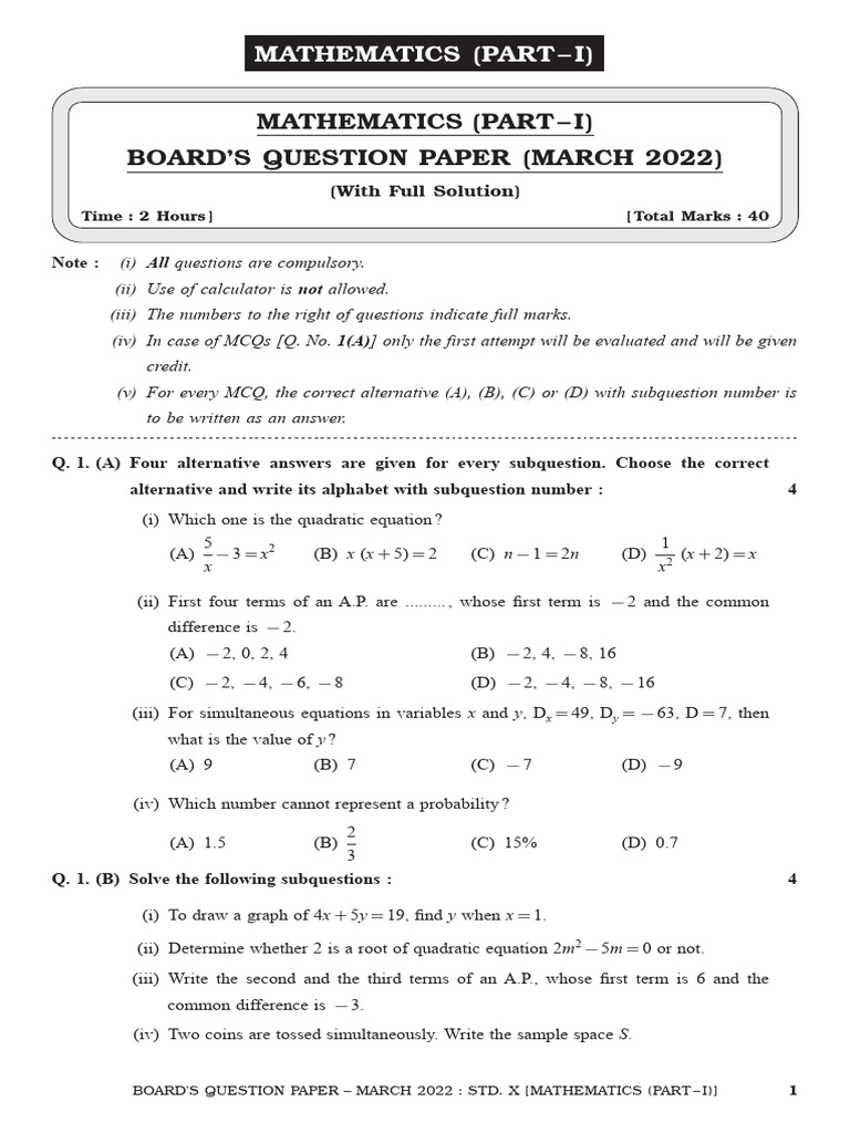 Maharashtra SSC Maths I 2022 Paper | PDF | Division (Mathematics ...