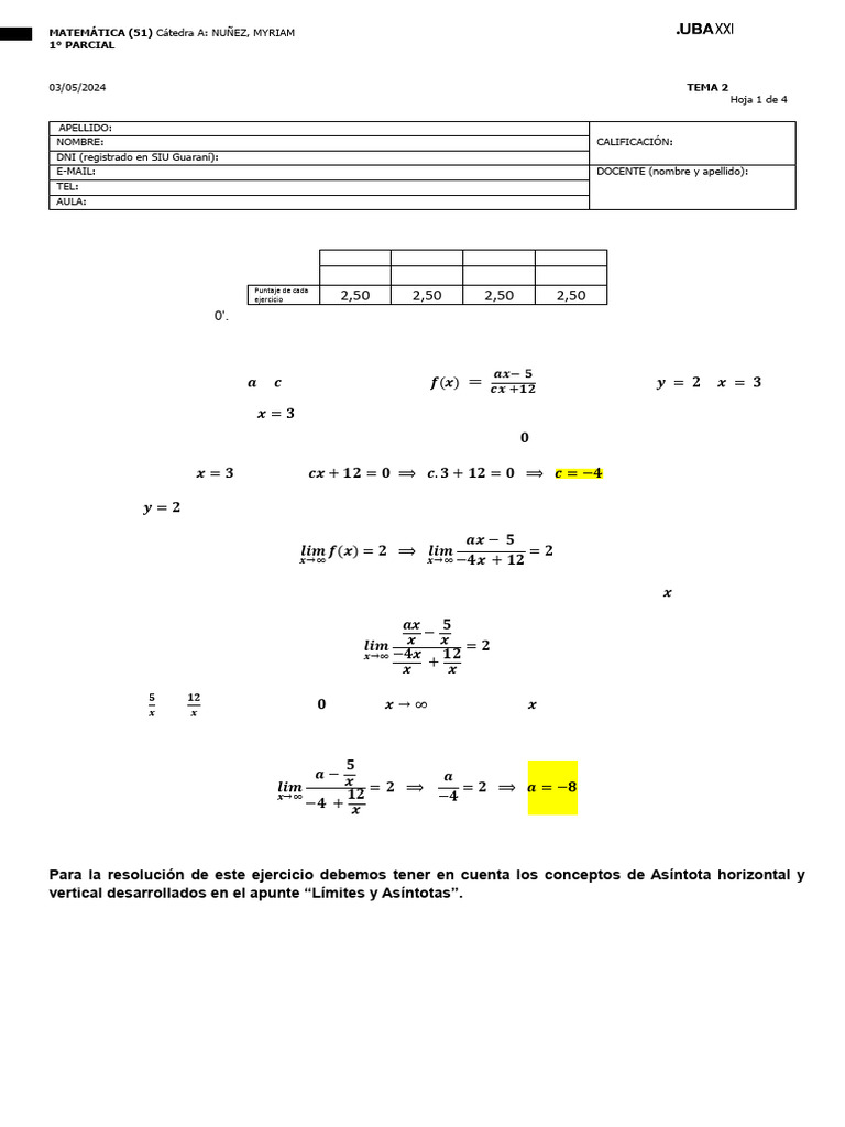 Resolucion PRIMER PARCIAL MATEMATICA 51 PRIMER TURNO TEMA 2 03-05-2024 ( | PDF | Ecuaciones ...