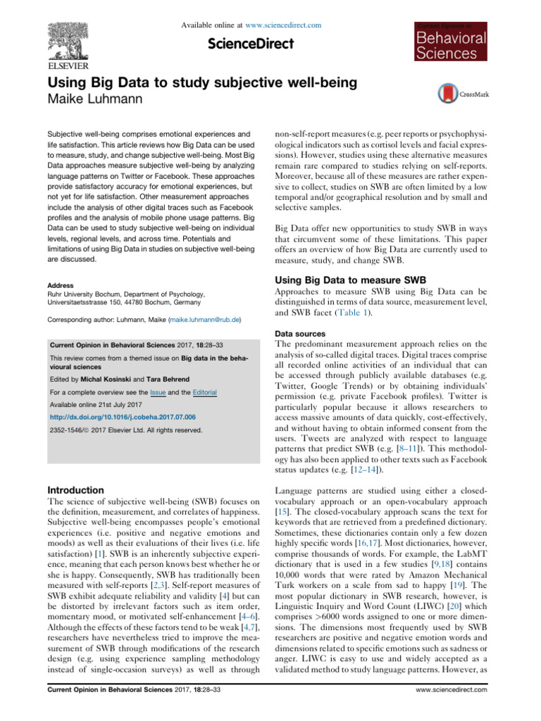 usingbig data to study subjective well-being | PDF | Psychology | Cognition
