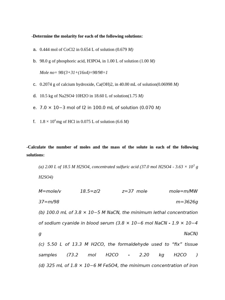 Molarity Calculations for Various Solutions | PDF | Teaching Methods ...