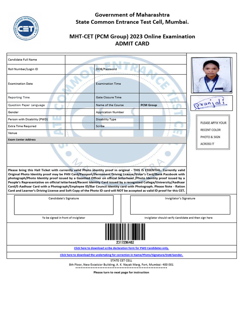 Government of Maharashtra State Common Entrance Test Cell, Mumbai. MHT ...