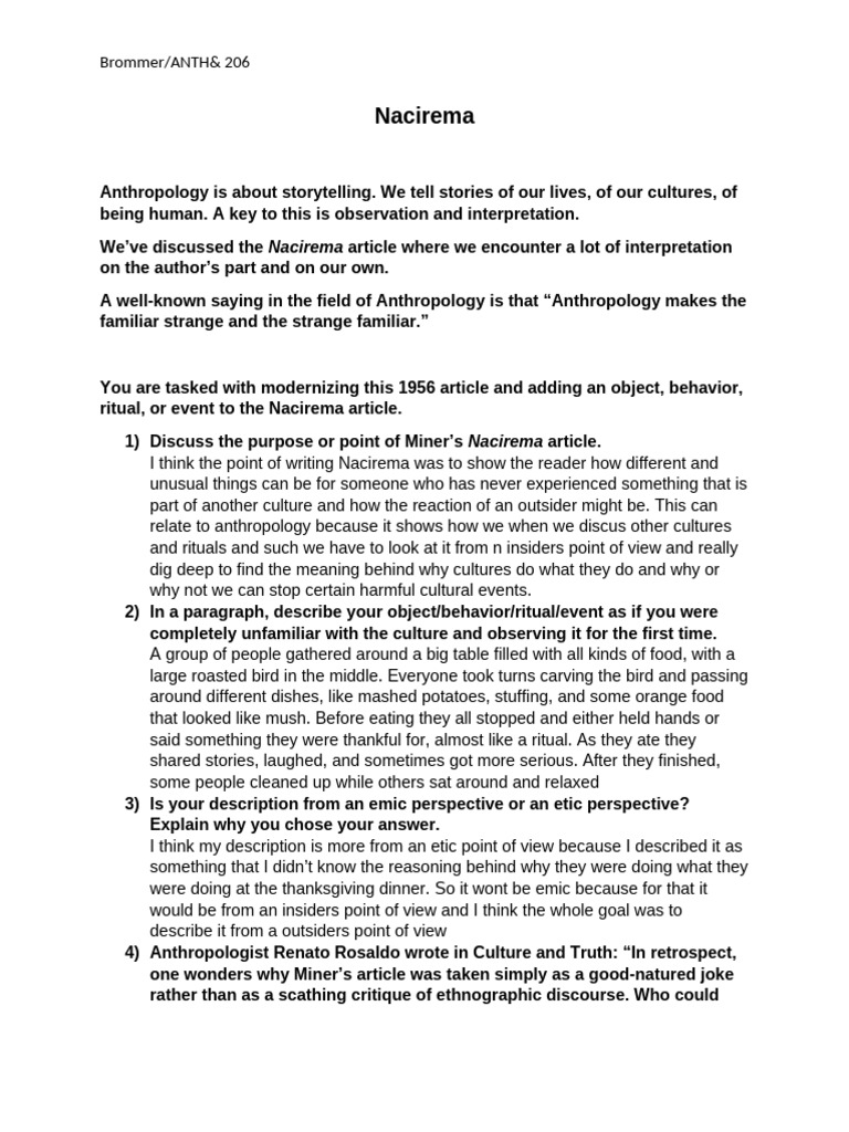 Week 1 Nacirema Worksheet | PDF | Liberal Arts Education