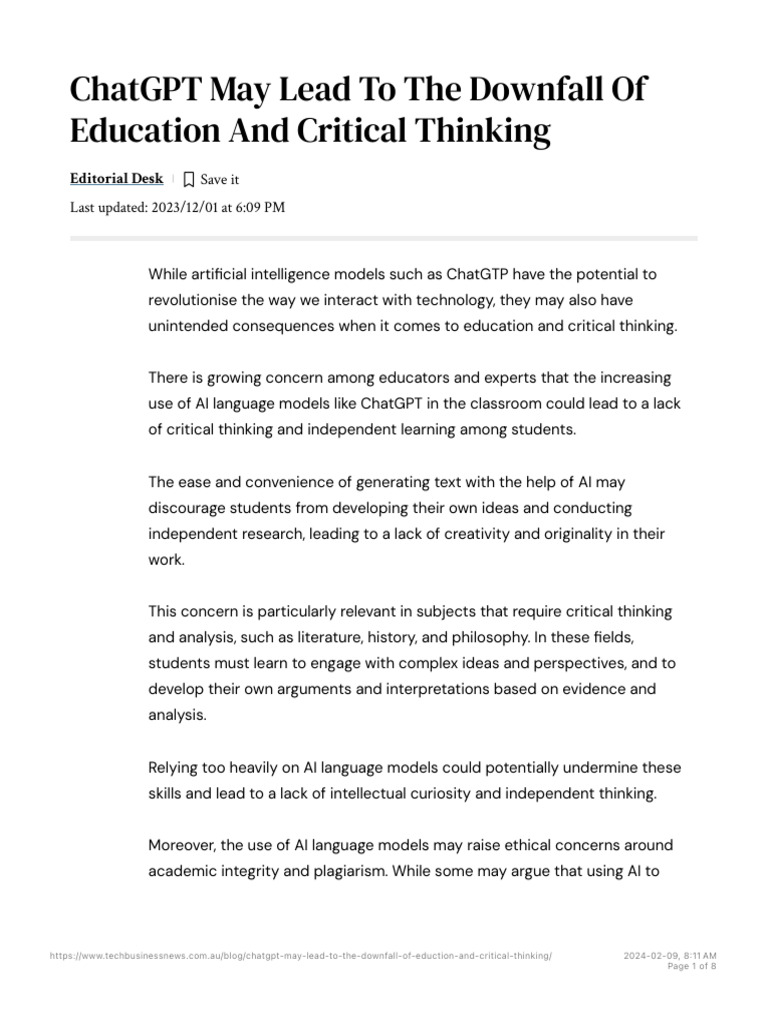 ChatGPT's Impact on Critical Thinking | PDF | Artificial Intelligence ...