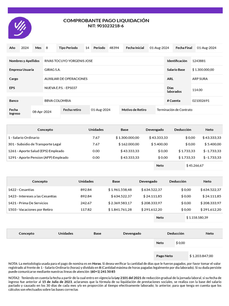 Desprendible de Liquidaci N | PDF | Salario | Economias