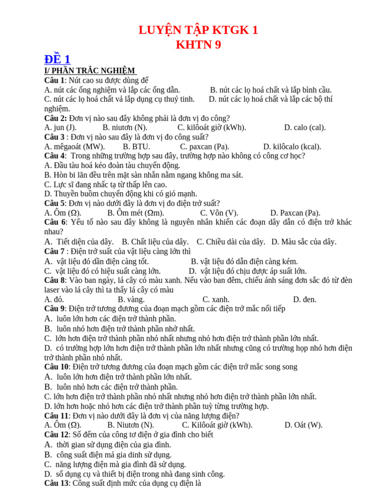 LUYỆN TẬP KTGK1 KHTN9 | PDF
