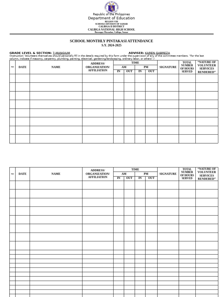 '7 Mangium Attendance Monthly Pintakasi Pattern in Brigada Eskwela | PDF