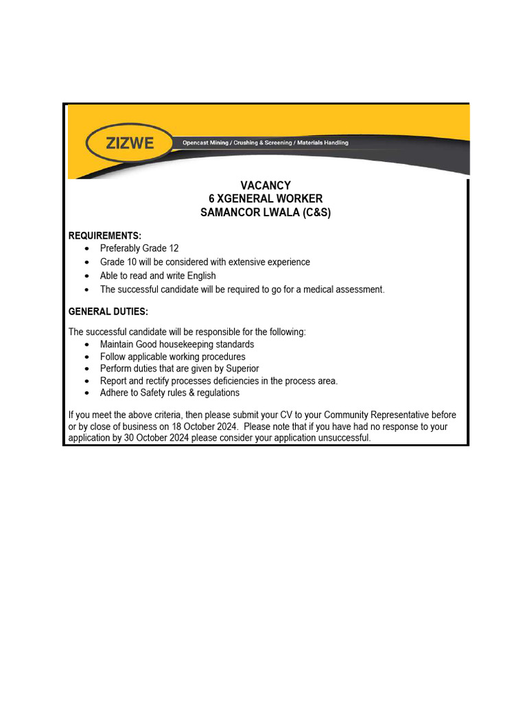 Zizwe Advert - General Worker - Lwala - 10 10 24 | PDF