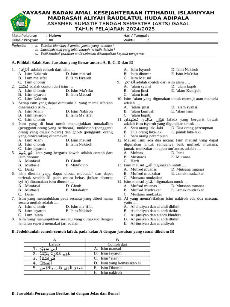 Soal Asts Nahwu Xi, 2024,2025 | PDF