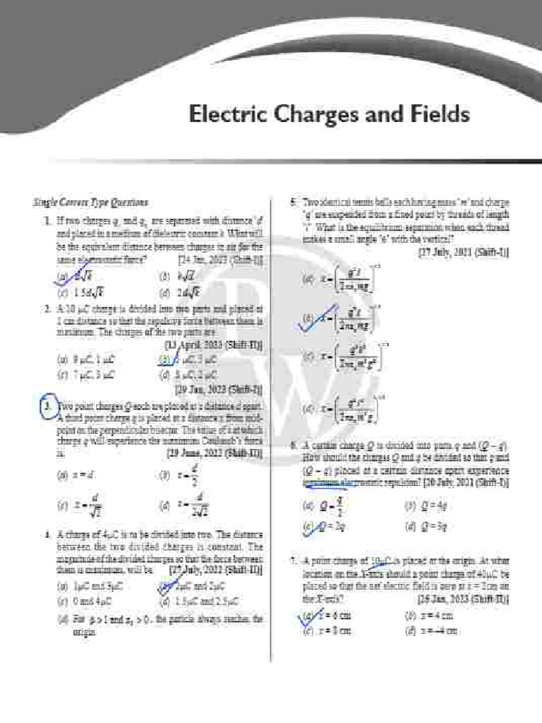Electric Charges and Fields - PYQ Practice Sheet - 11zon | PDF