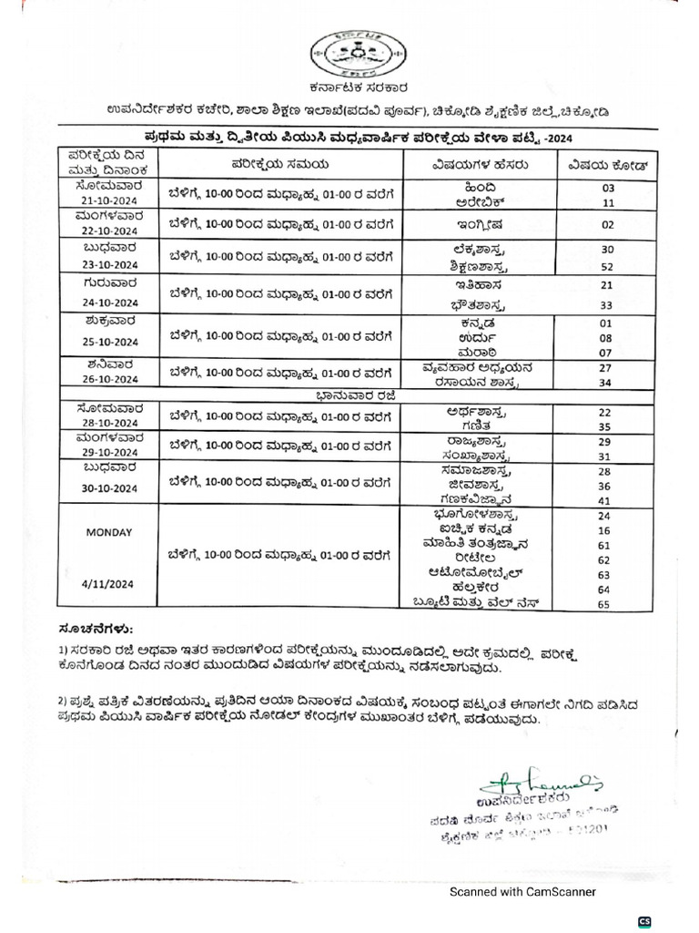 Mid Term Exam Time Table I PUC & II PUC | PDF