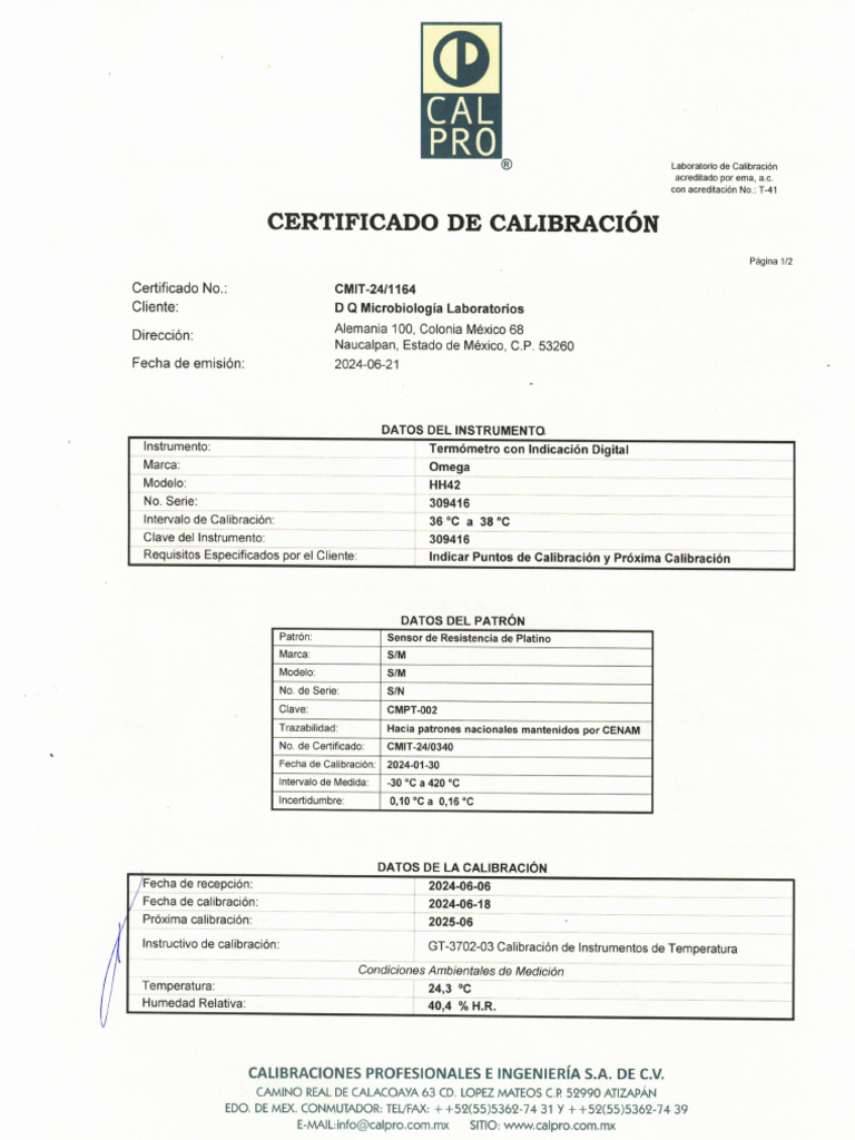 Certificado de Calibración Termómetros OMEGA 2024 | PDF