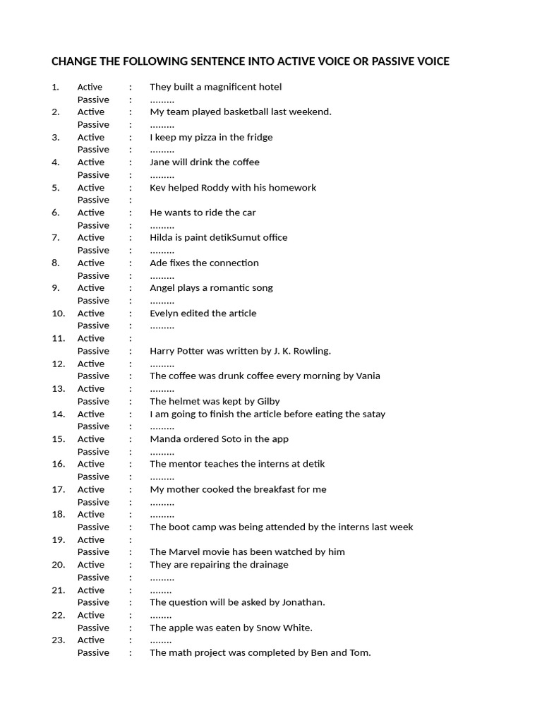 Active and Passive Voice Exercises | PDF | Games & Activities | Art