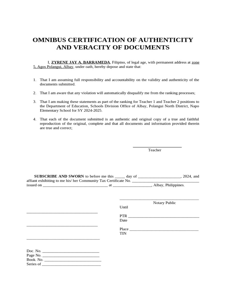 Omnibus Certification of Authenticity and Veracity of Documents | PDF | Finance & Money Management