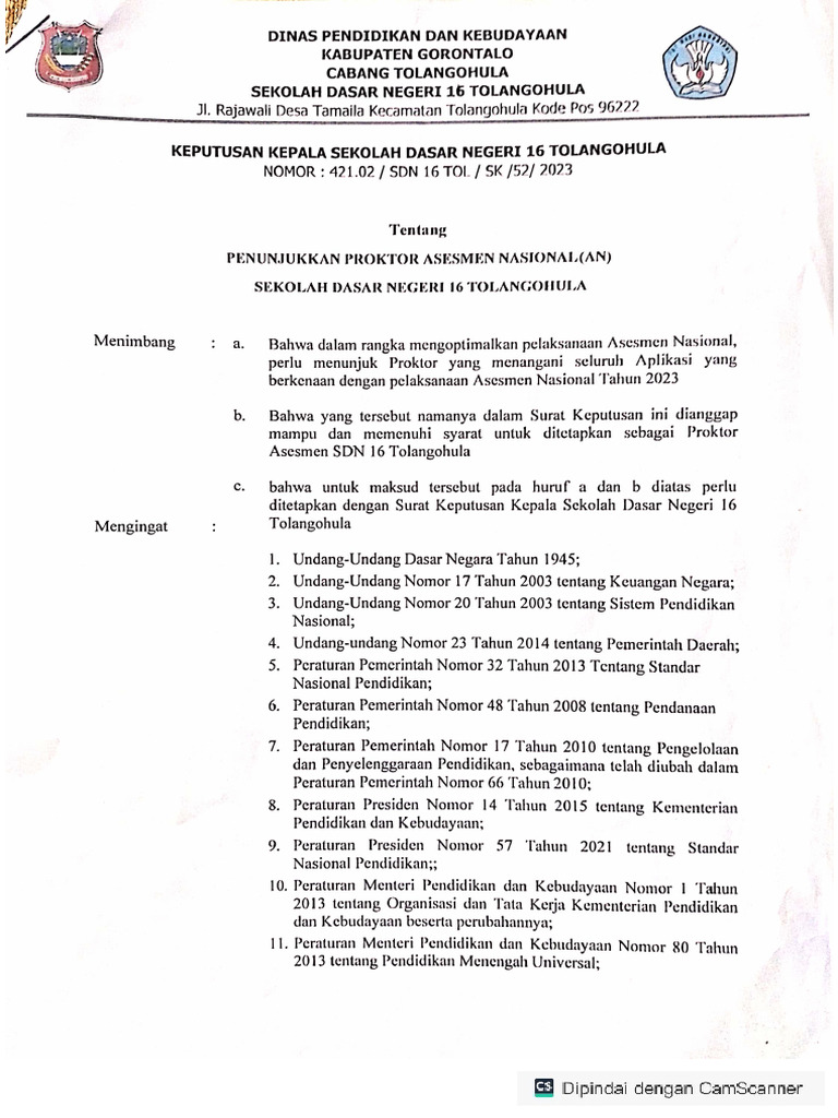 Penunjukkan Proktor Asesmen Nasional (An) Sekolah Dasar Negeri 16 ...