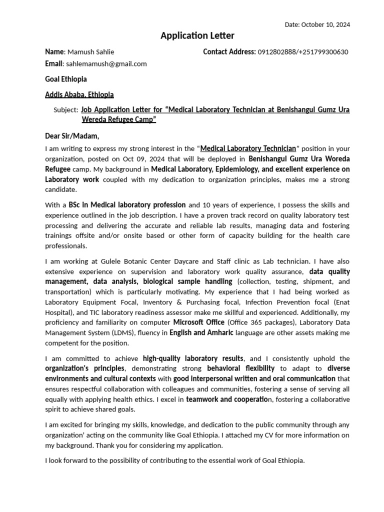 Mamush Sahlie Application Letter-Goal Ethiopia-Medical Laboratory ...