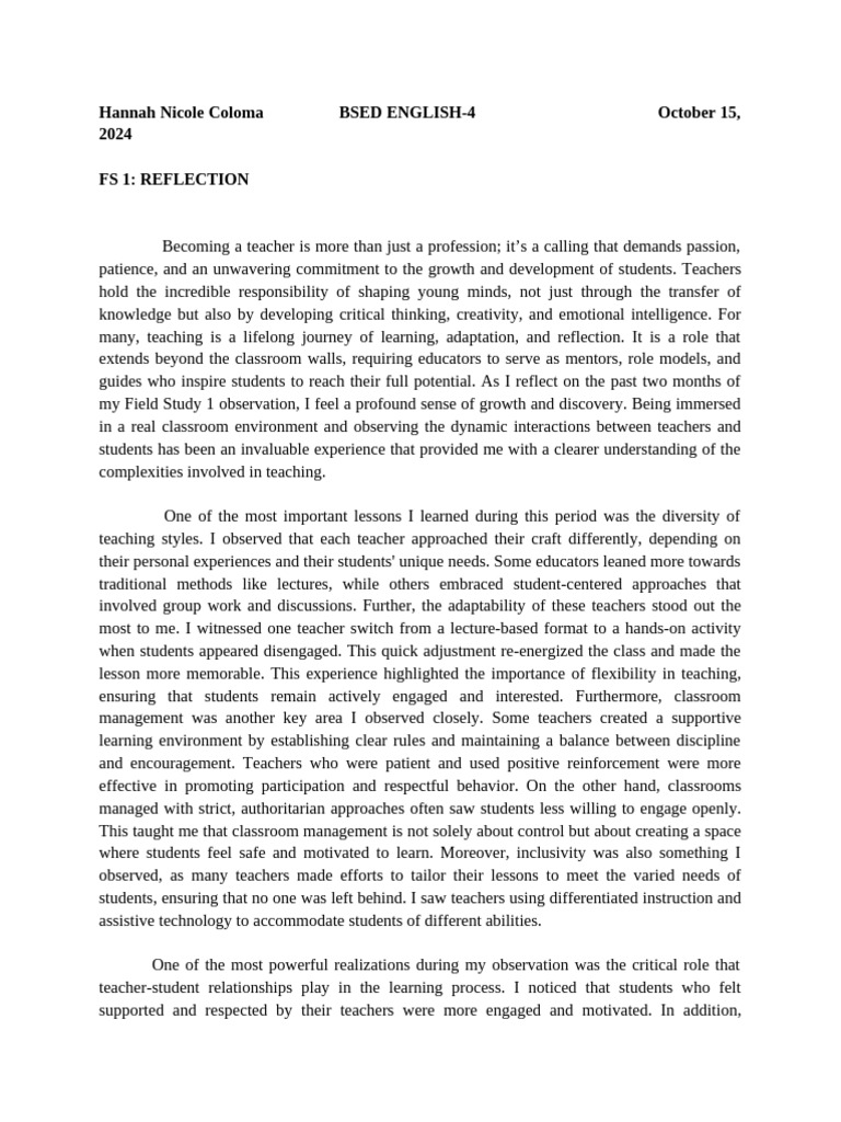 FS 1 - Reflection | PDF | Teachers | Learning