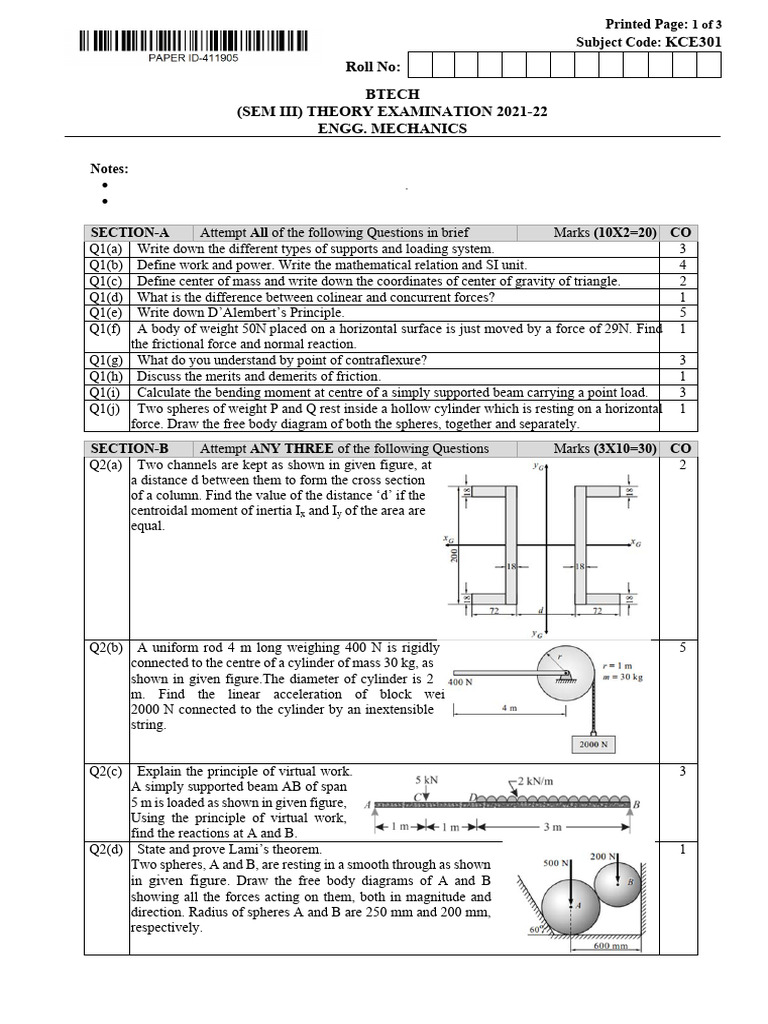 Btech Ce 3 Sem Engineering Mechanics Kce301 2022 | PDF | Force | Mass