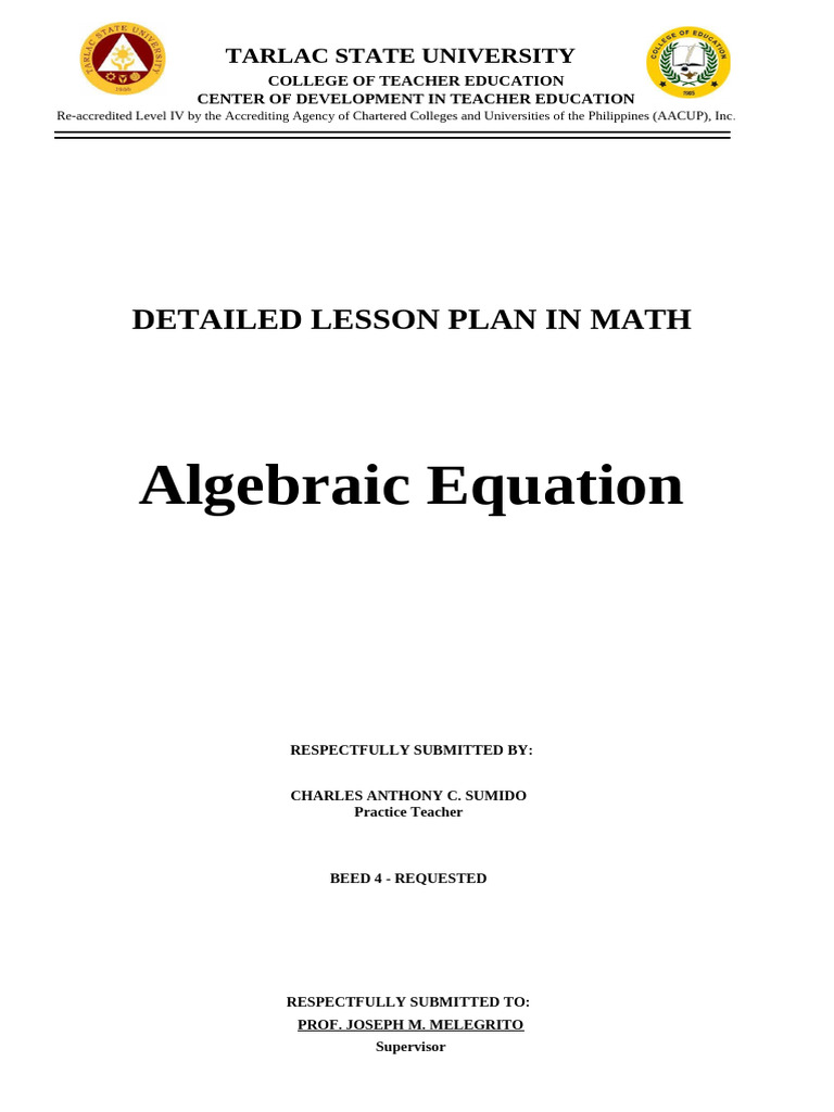 DETAILED LESSON PLAN IN MATH (Algebraic Equation) | PDF | Equations ...