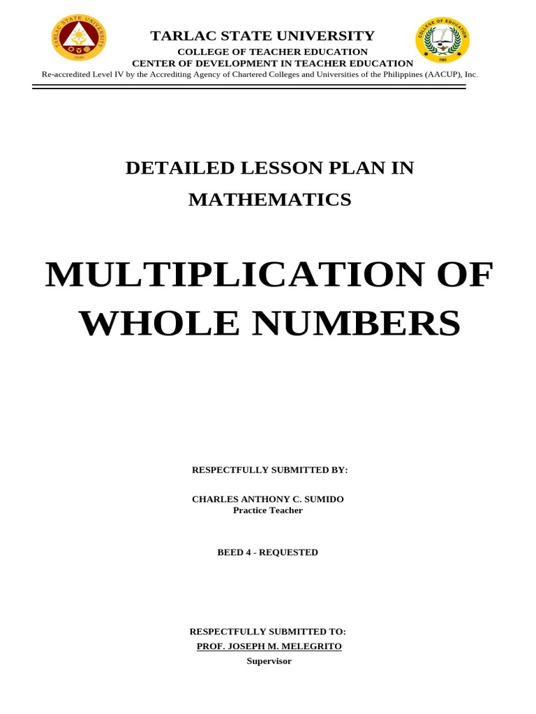 DETAILED LESSON PLAN IN MATH (Multiplication of Whole Numbers) | PDF ...