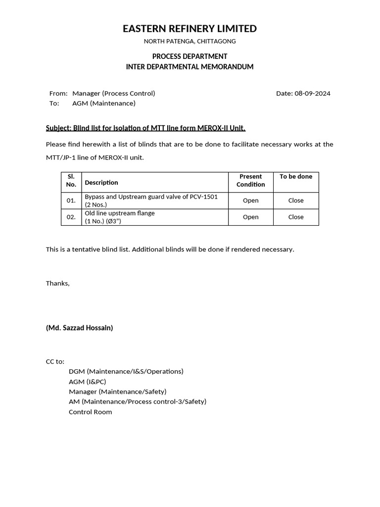 Blind List (for Hot Work) | PDF