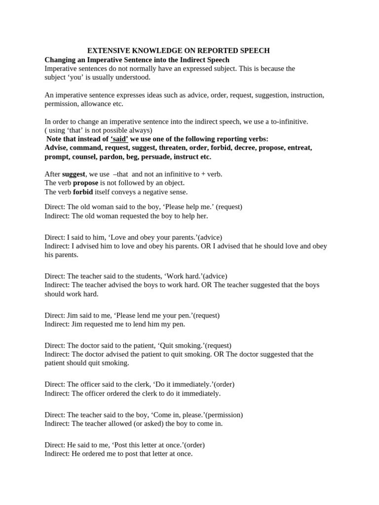 Reported Speech for Class 8: Imperatives | PDF | Question | Verb
